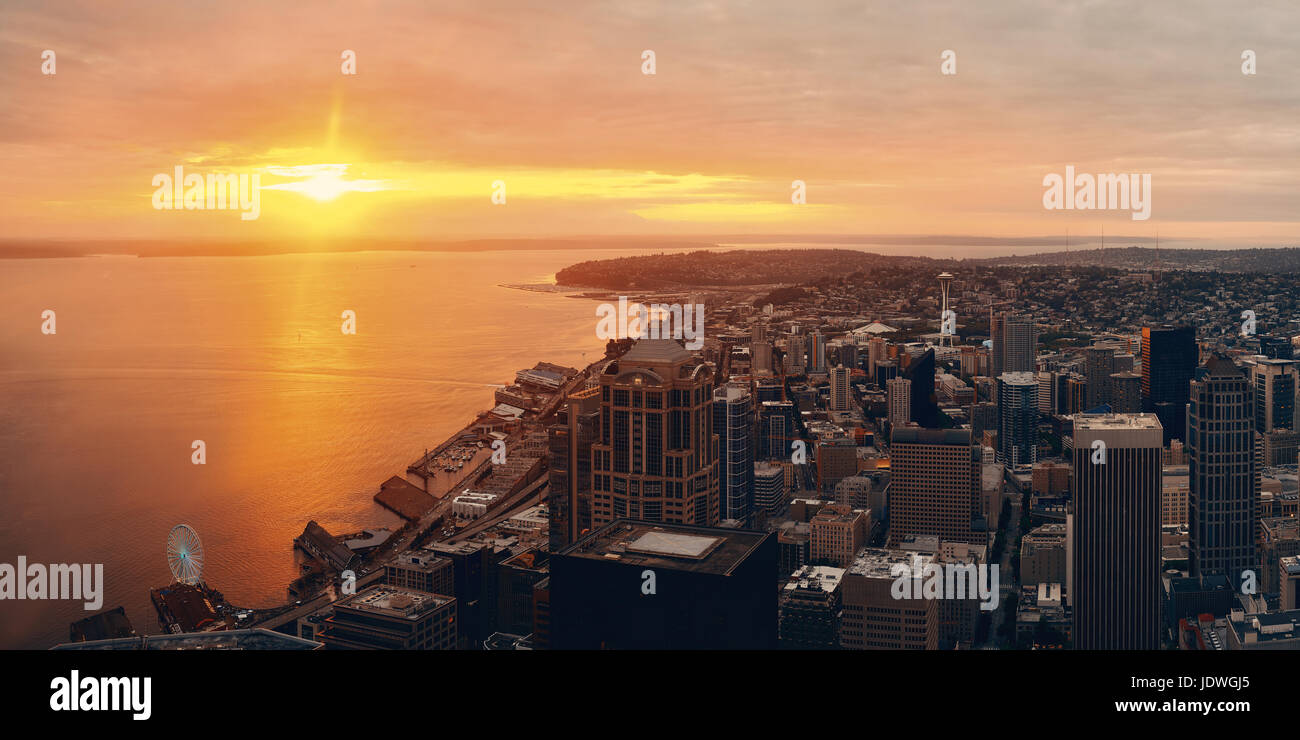 Seattle rooftop panorama view with urban architecture at sunset Stock ...