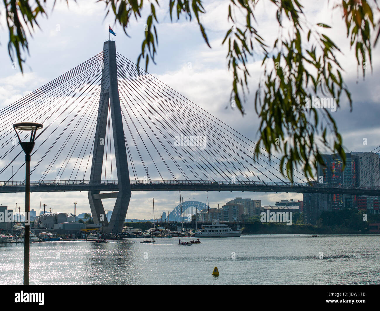 Anzac Bridge and Harbour Bridge, viewed from Glebe Point, Sydney, NSW ...