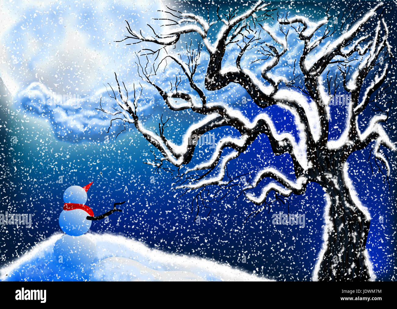 snowman and winter night sky with a moon Stock Photo - Alamy