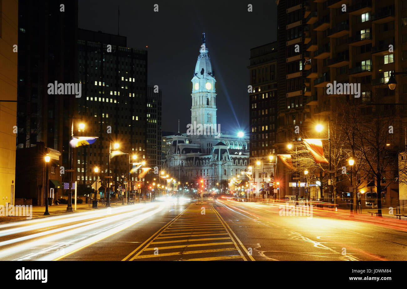 Philadelphia City Hall and street view at night Stock Photo - Alamy