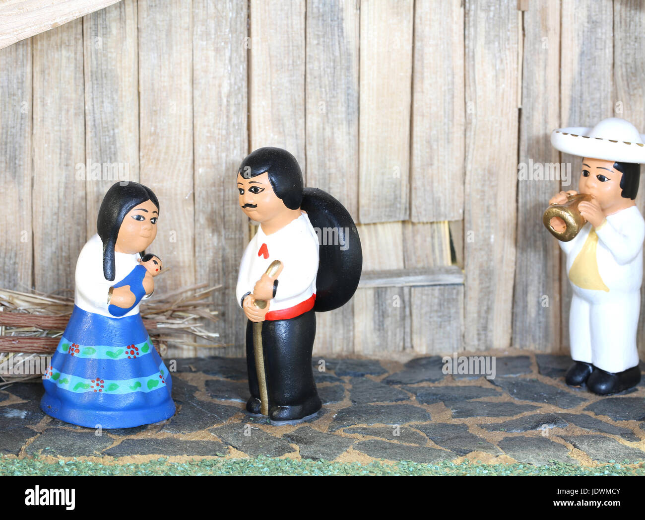Mexican Nativity scene with holy family in clothes in South American ...