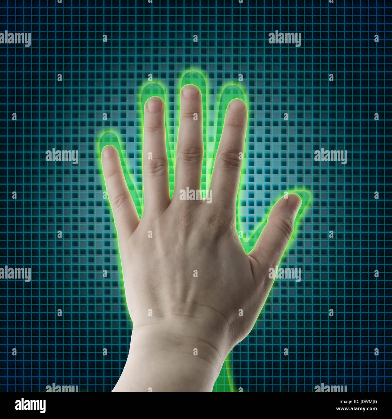 AI hand reaches towards a human hand, Virtual reality projection ...