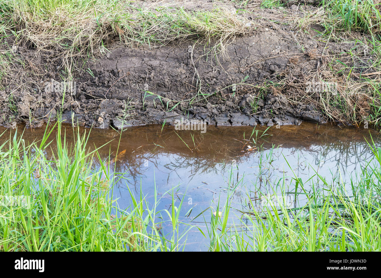 Small channel for drainage the water flow in the construction site near ...