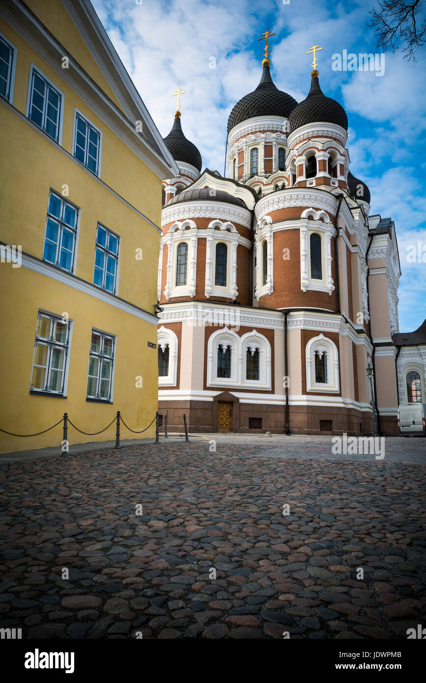 Tallinn orthodox cathedral by cobblestones in medieval old town Stock ...