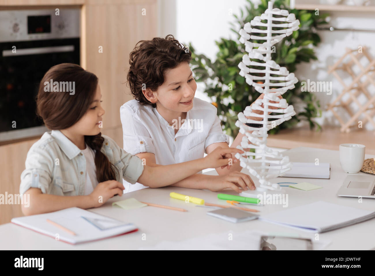 Sweet little children scrutinizing DNA model Stock Photo - Alamy