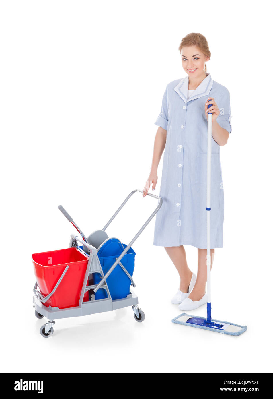 Portrait Of Young Female Maid Cleaning Floor With Mop Stock Photo - Alamy