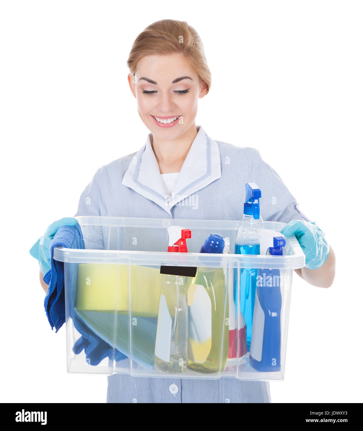 Young Maid Holding Bucket With Cleaning Supplies Over White Background ...