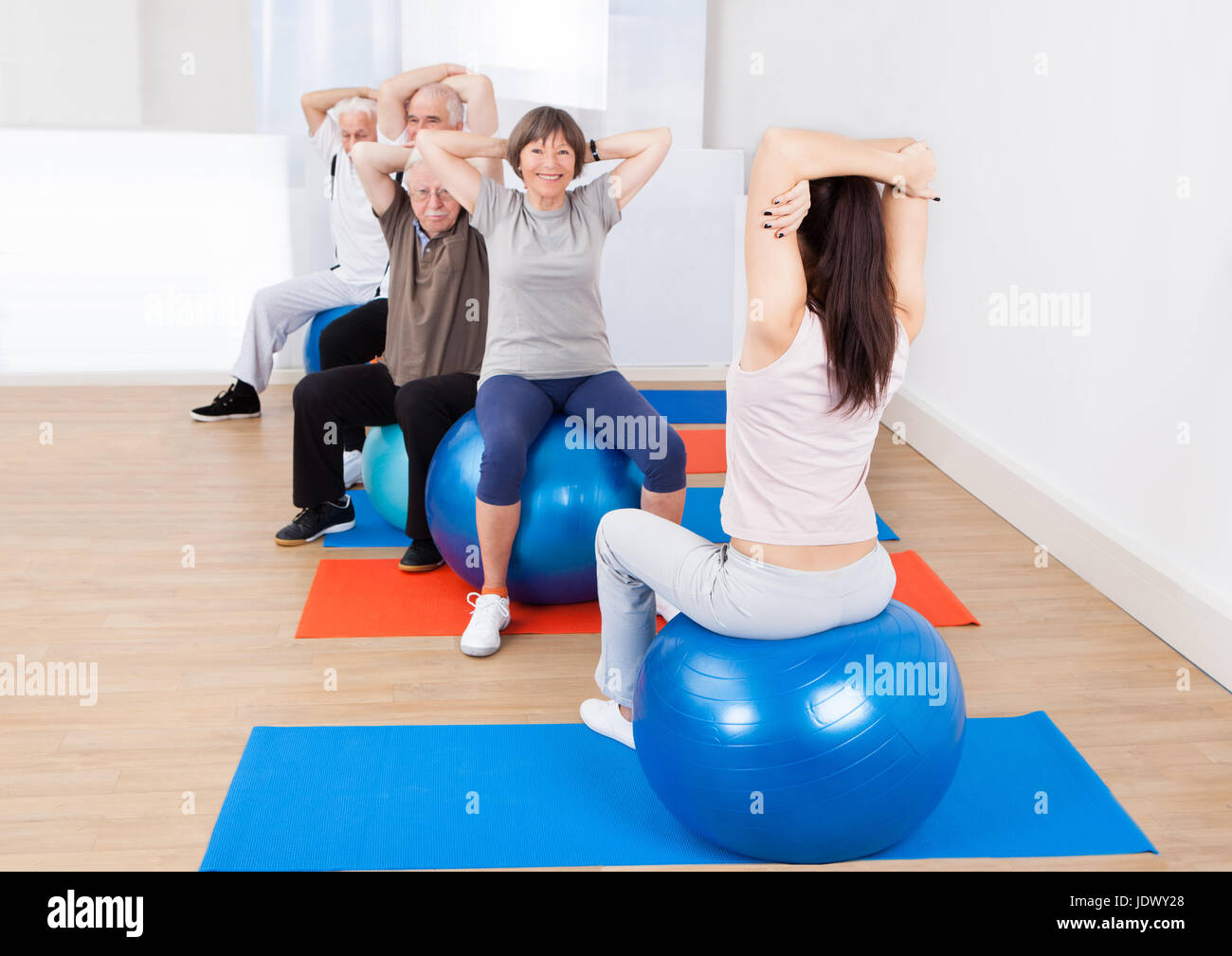 Rear view of female trainer training senior customers stretching on ...