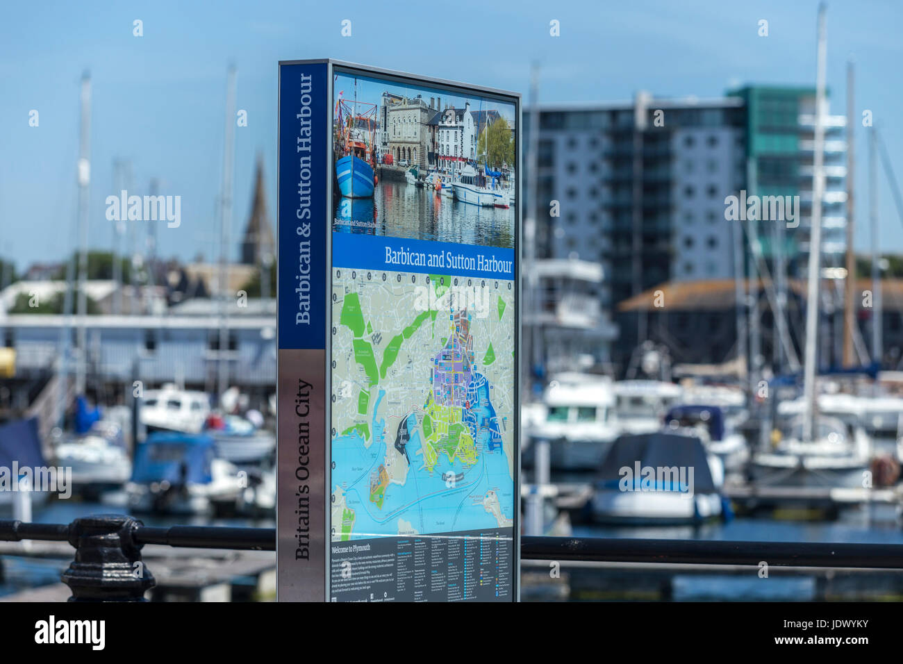 Sign at the Barbican and Sutton Harbour, Plymouth,Devon, with yachts ...
