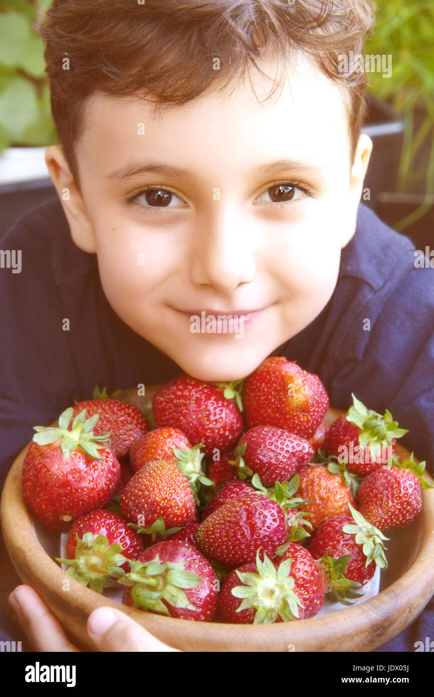 Cute boy child holding fresh picked strawberries.Cute boy child eating ...