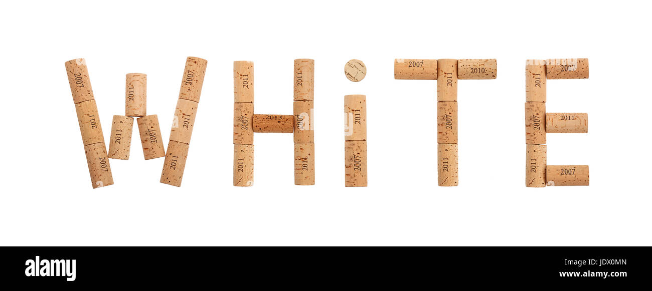 Word WHITE shaped by natural wooden wine bottle corks of different ...
