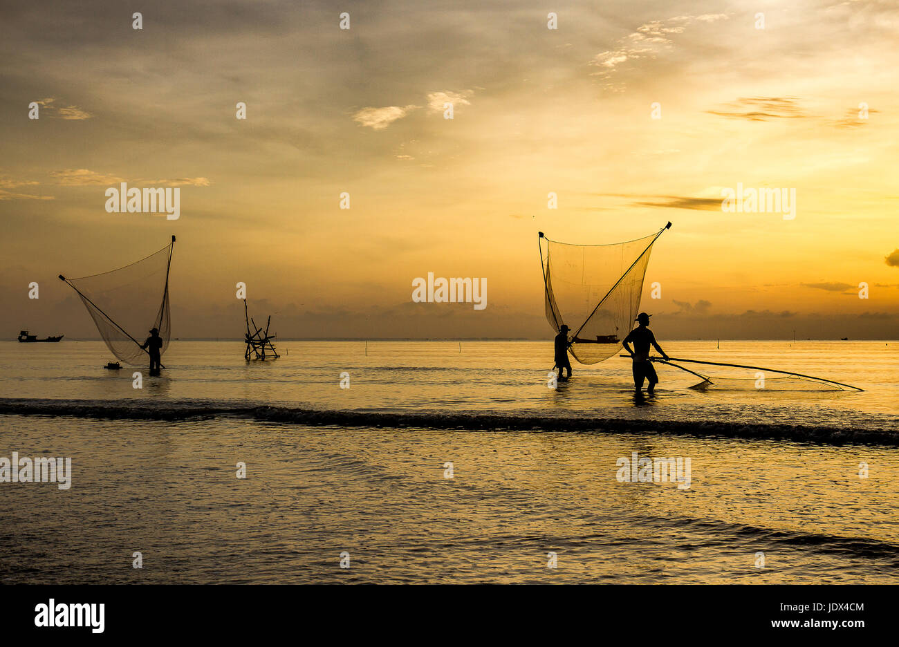 Sea clam digging fishermen golden sunrise Tan Thanh beach Go Cong Tien ...