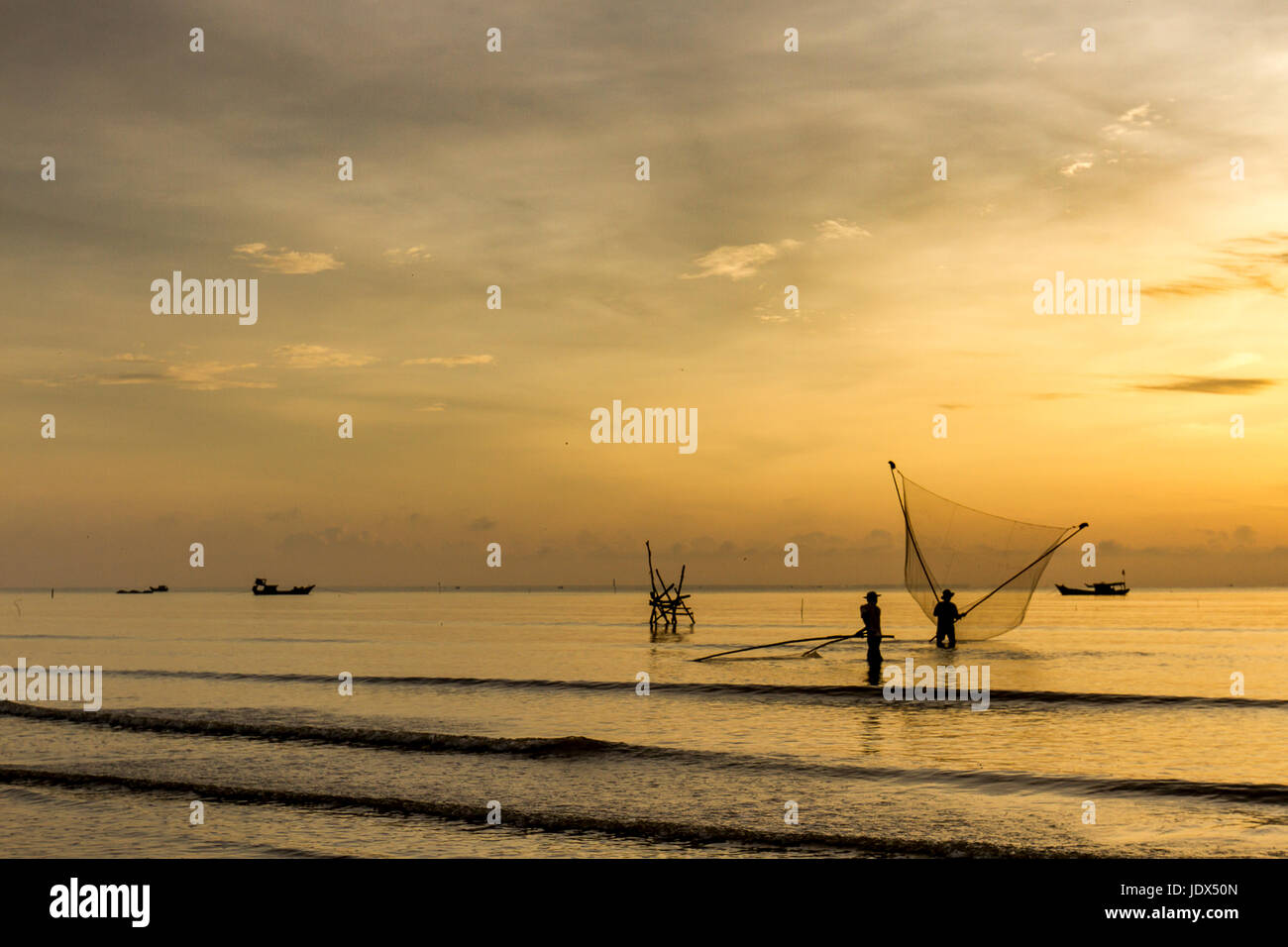 Sea clam digging fishermen golden sunrise Tan Thanh beach Go Cong Tien ...
