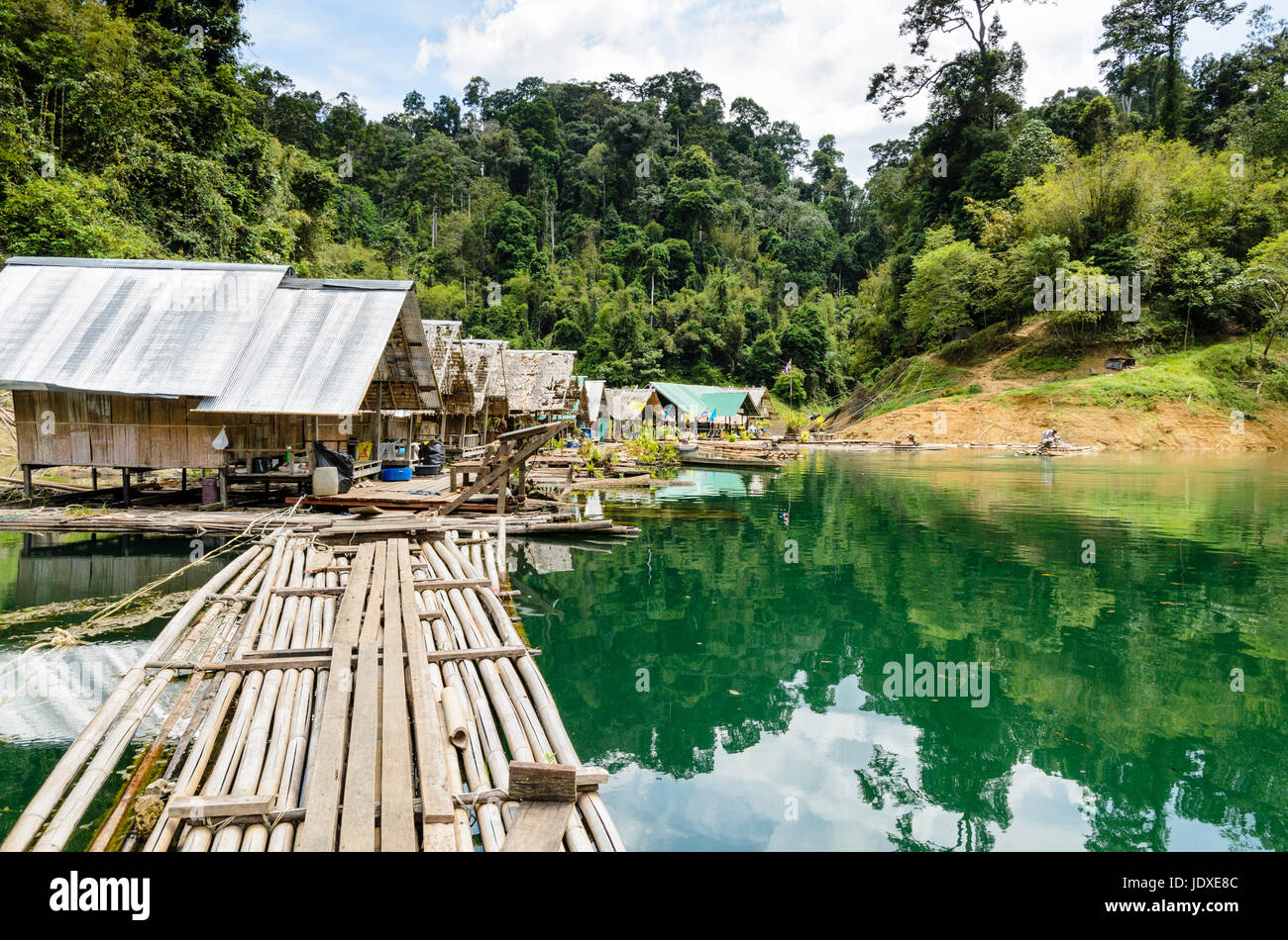 Floating home of the forest staff, Motor raft wharf in Ratchaprapha Dam ...