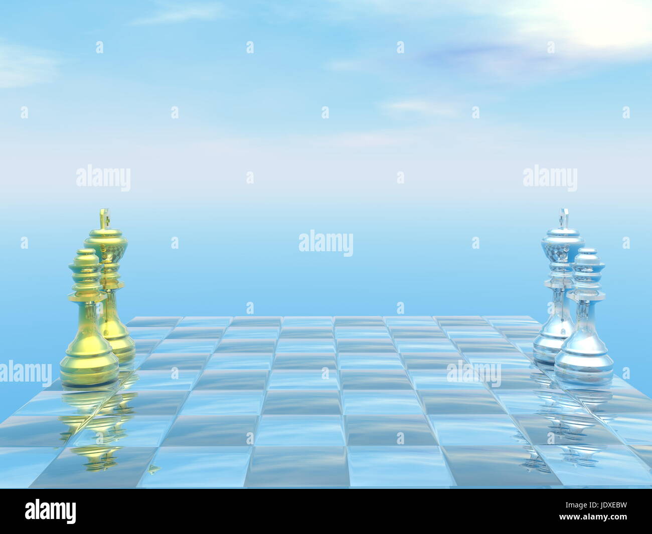 Chessboard with kings and queens and blue sky - 3D render Stock Photo ...