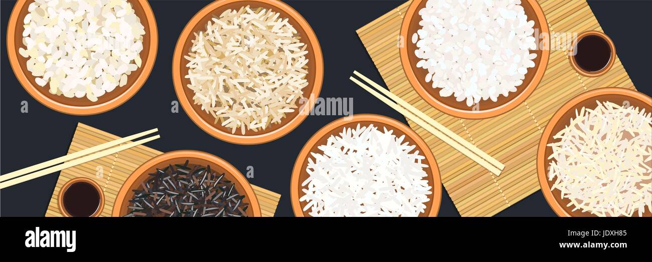 Banner with different types of rice in bowls. Basmati, wild, jasmine ...
