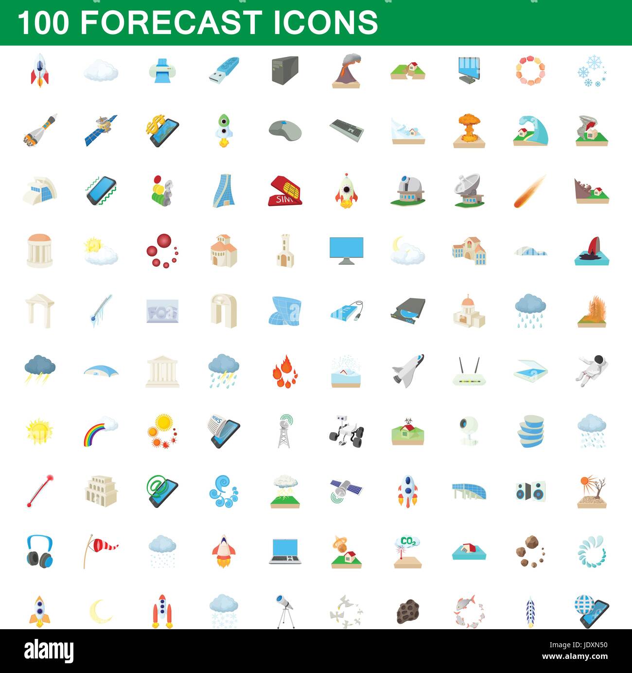 100 forecast icons set in cartoon style for any design vector ...