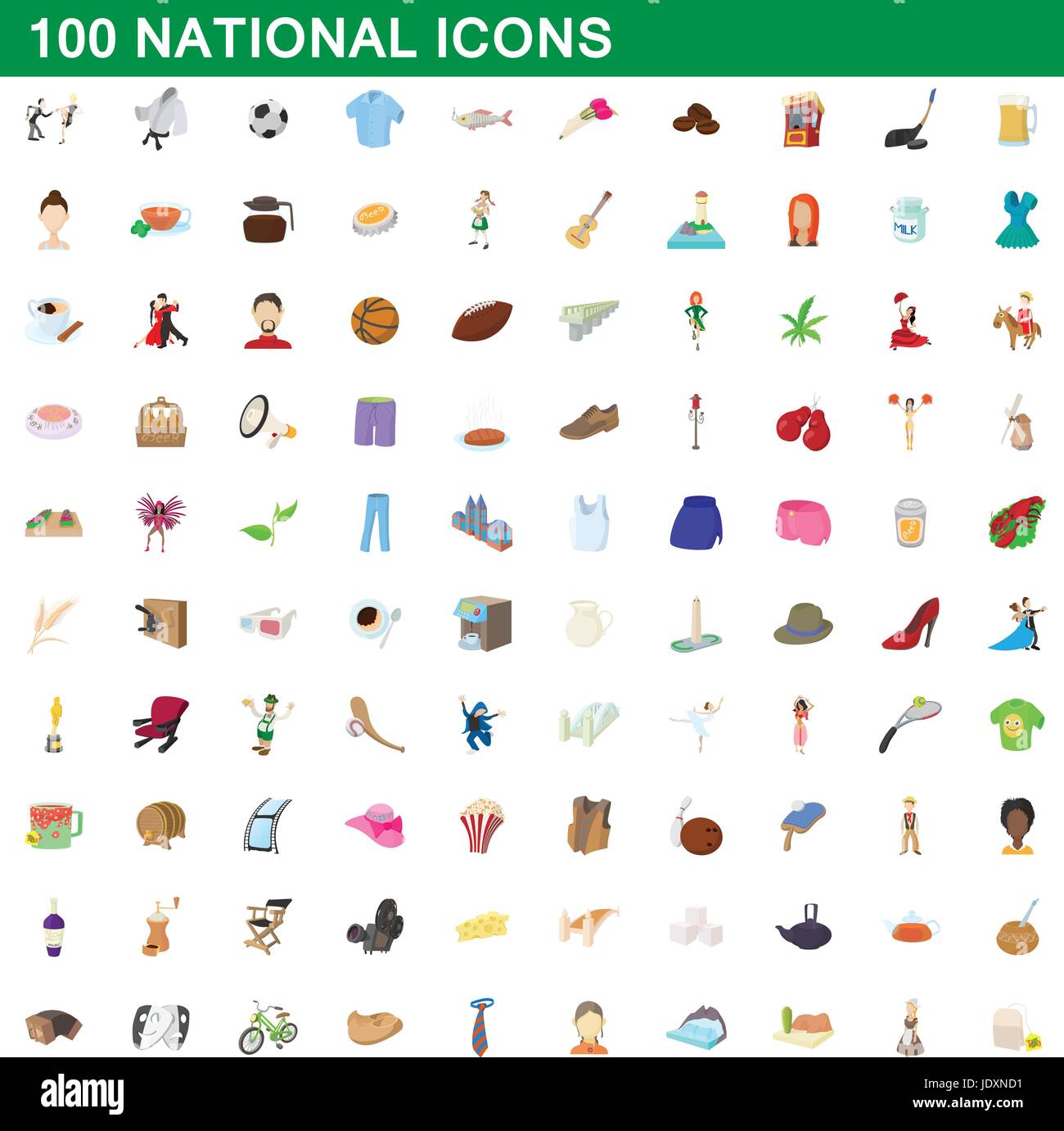 100 national icons set in cartoon style for any design vector ...