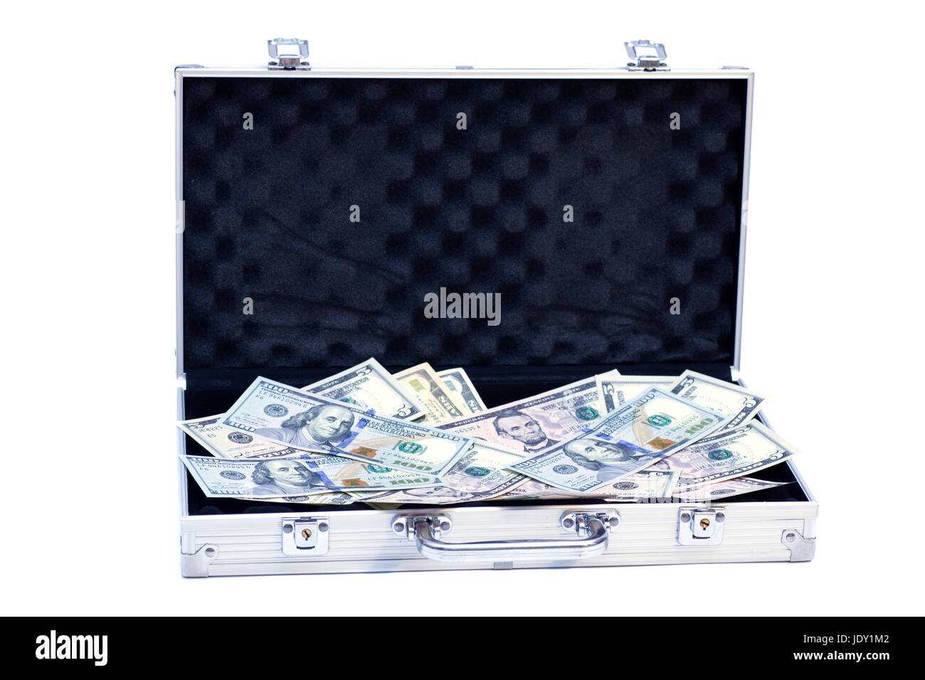 Open silver case with dollars isolated on white background Stock Photo ...