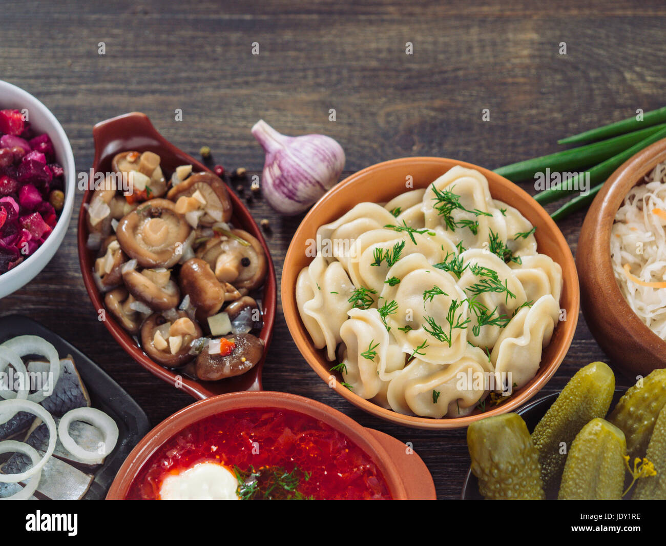 Russian food with copy space. Assortment dishes of Russian cuisine ...