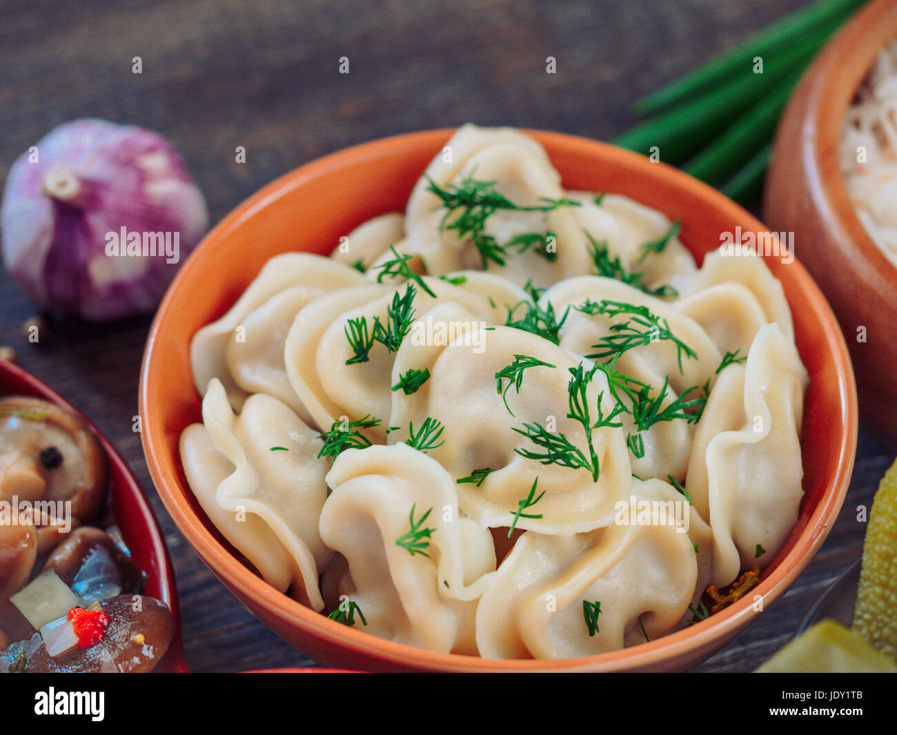 Closeup view of traditional russian food - pelmeni, ravioli or meat ...