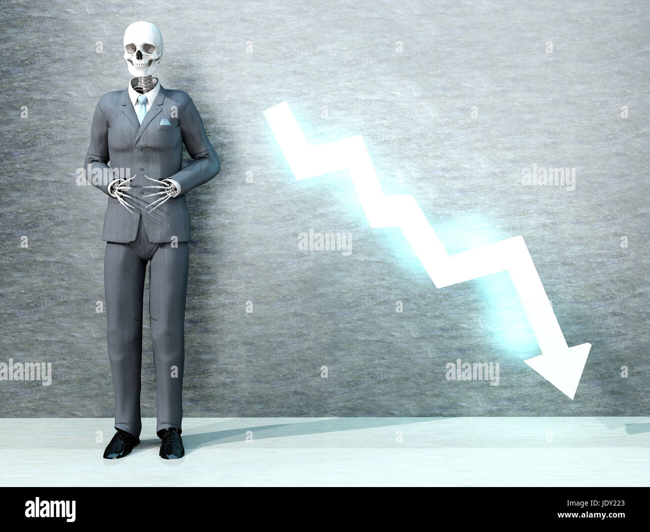 The economic downfall. A dead business man with a downturn graph arrow ...