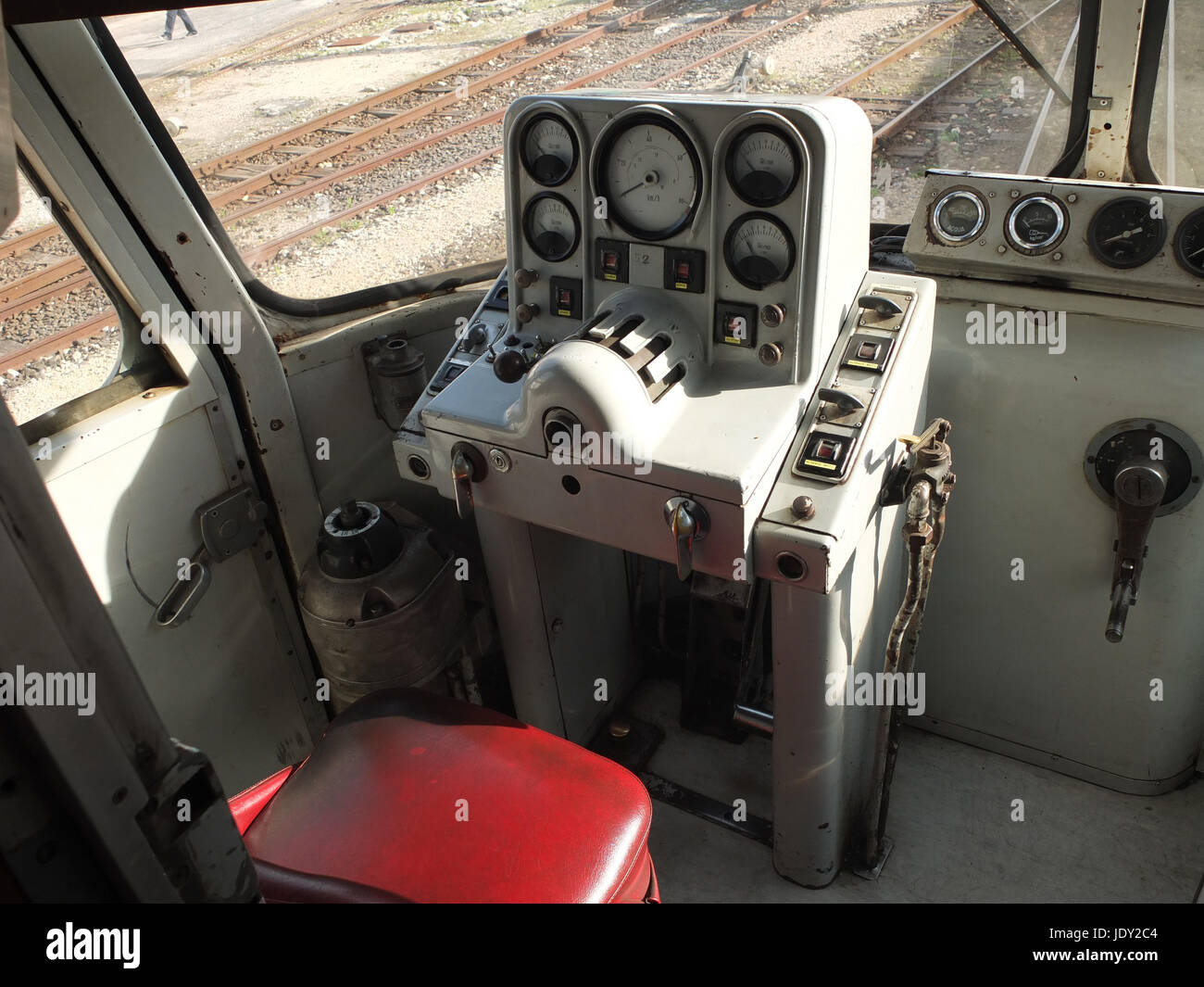 Driving position (cockpit) of vintage diesel locotive of Sardinian ...