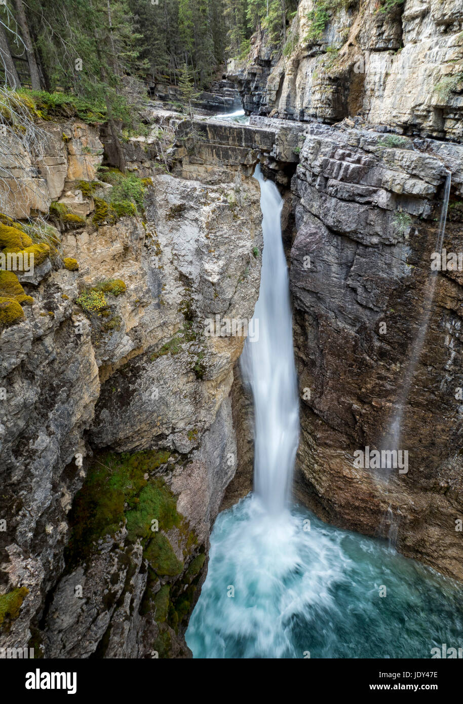 Waterfall over a Rock Cliff in the Canadian Rocky Mountains Stock Photo ...