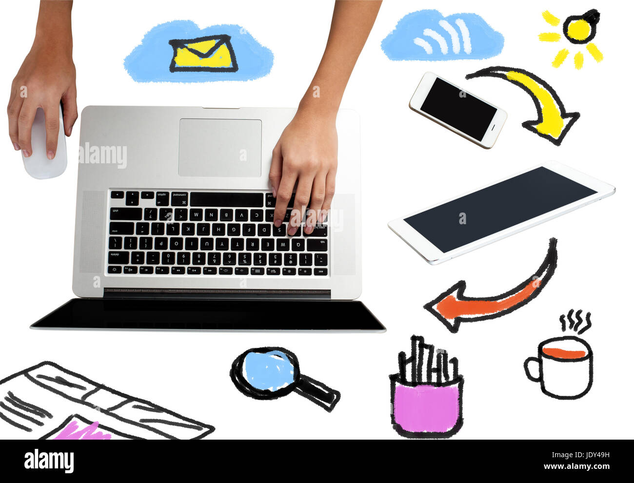 Human hand using laptop computer, various objects on table Stock Photo ...