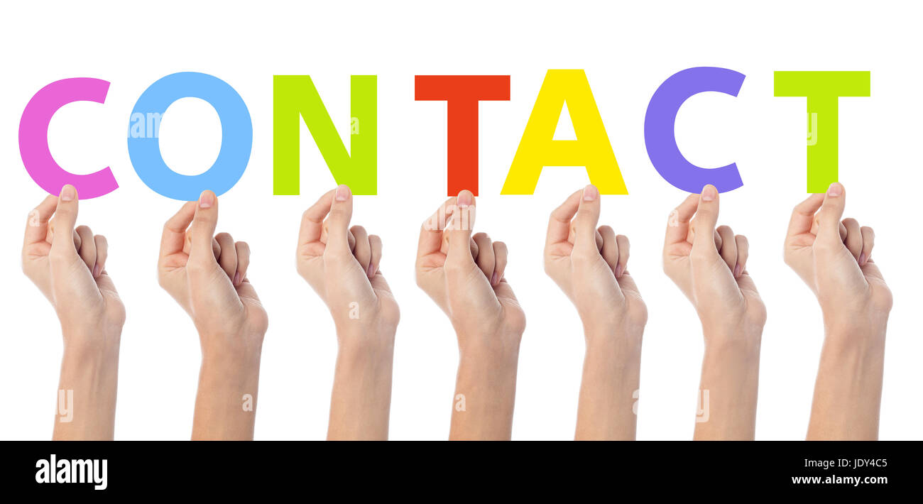 Female hand holding colorful words contact Stock Photo - Alamy