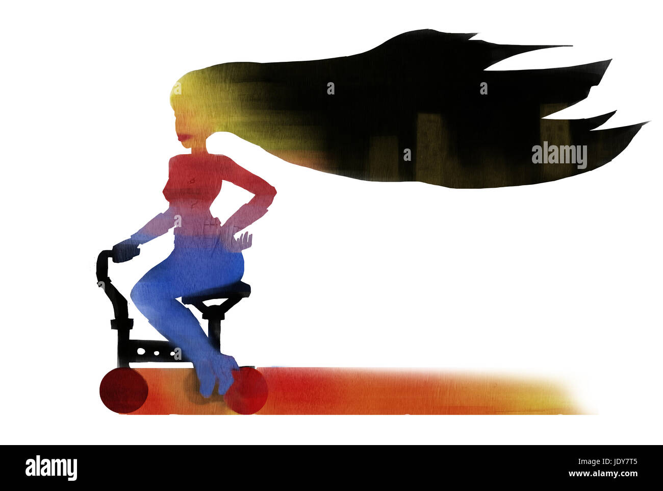 Illustration of woman riding a bicycle with her black hair trailing ...