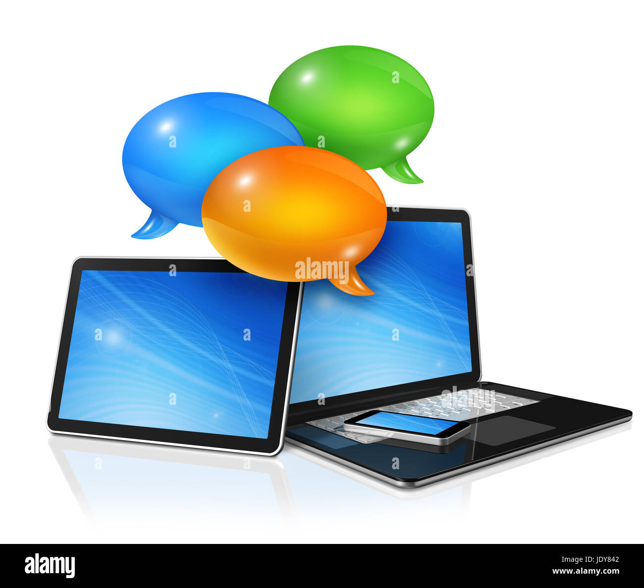 3D Speech bubbles and computers set. Communication and technology Stock ...