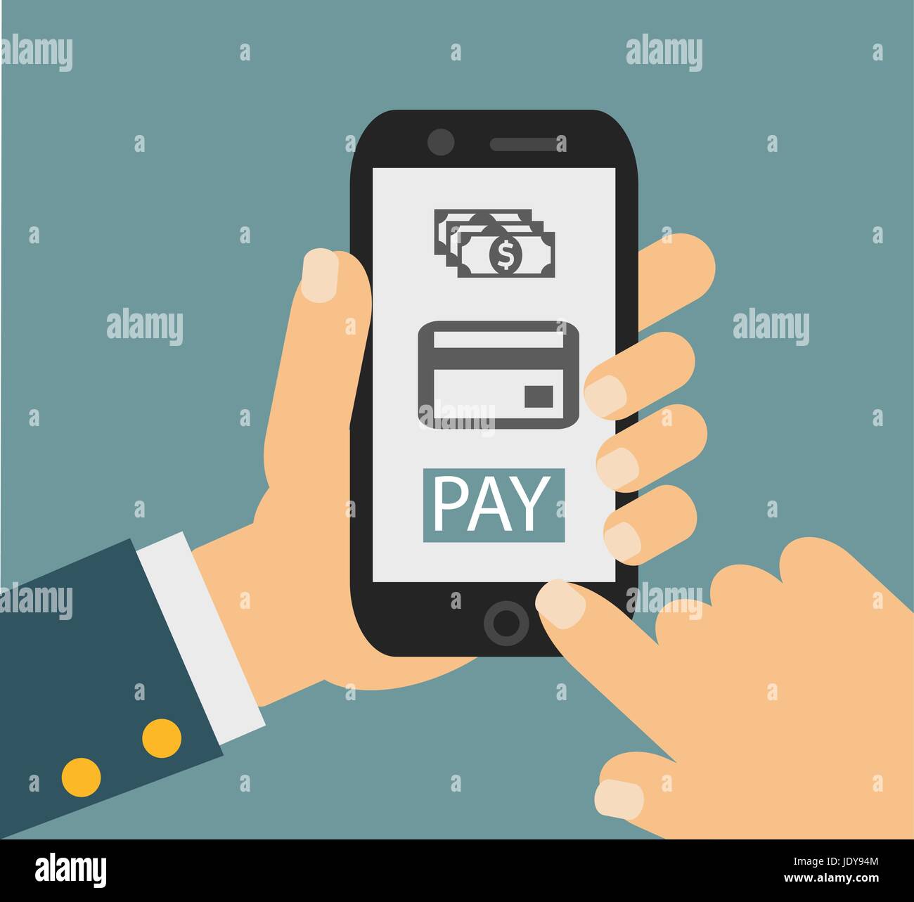 mobile payment credit card, hand holding phone, flat design . Vector ...