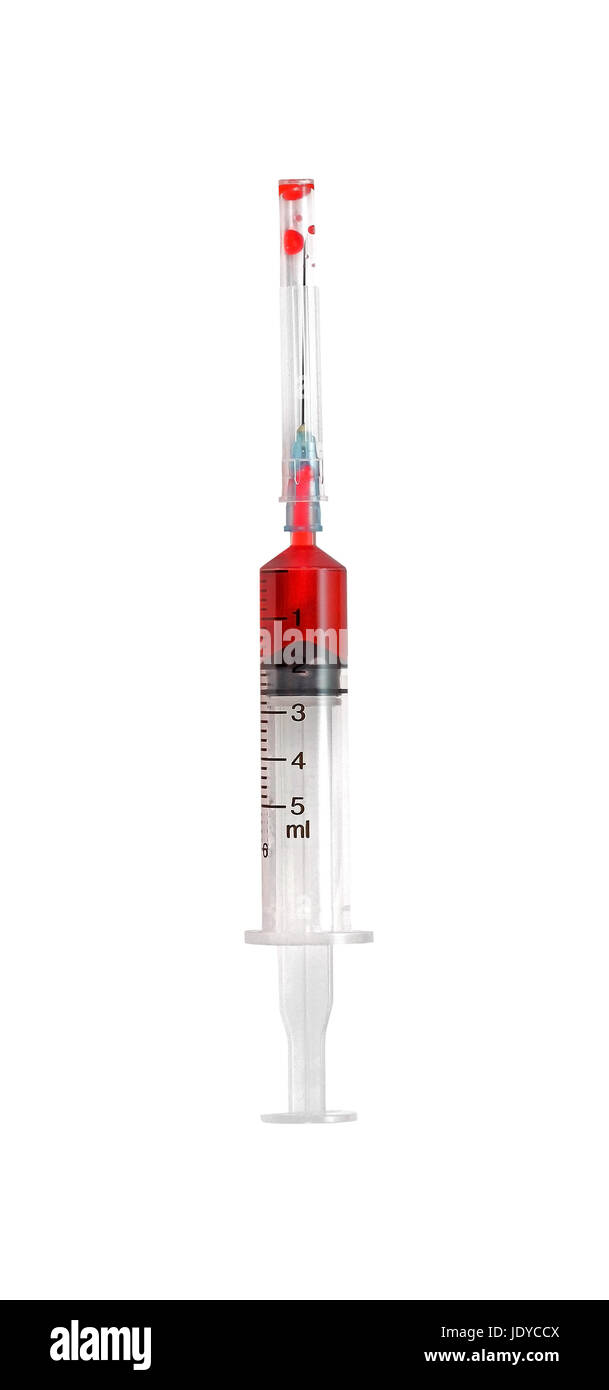 Medical syringe filled with red liquid isolated with clipping path ...