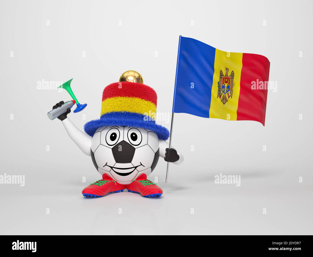 A cute and funny soccer character holding the national flag of Moldova ...