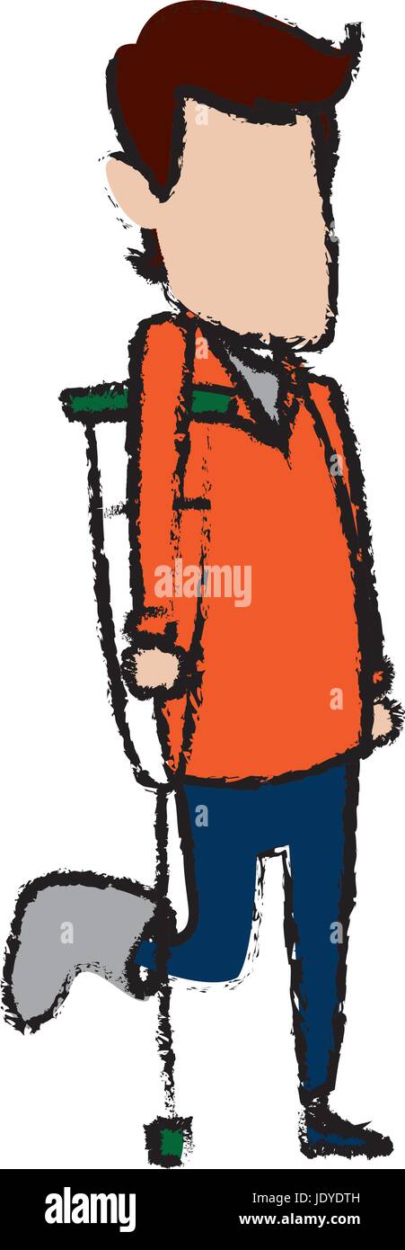 cartoon man foot with medical plaster disability walking on crutches ...
