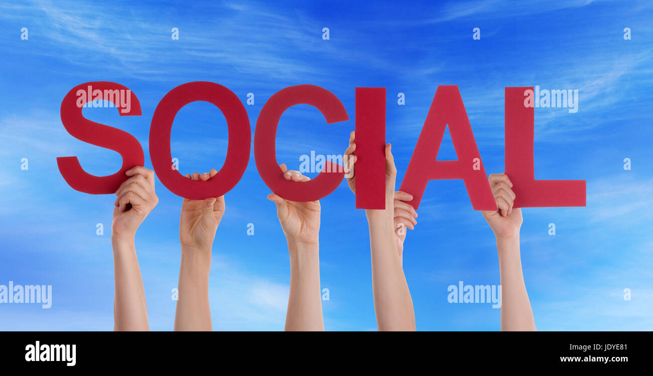 Many People Holding the Red Word Social in the Sky Stock Photo - Alamy