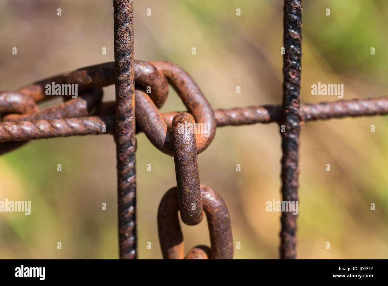 Closed lock with a rusty chain on an old metal fence Stock Photo - Alamy