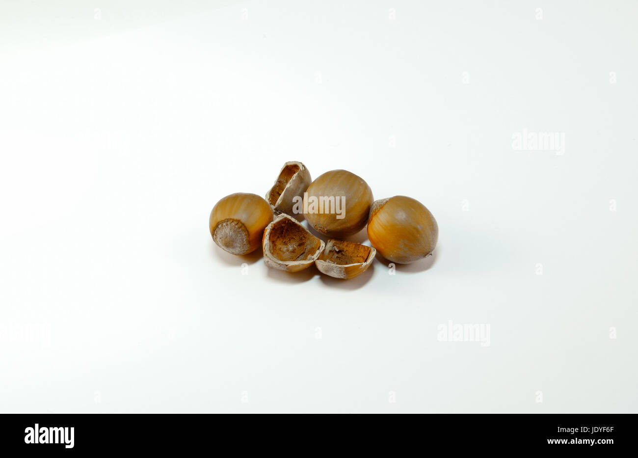 Close-up of three hazelnuts and broken shells on a white background ...