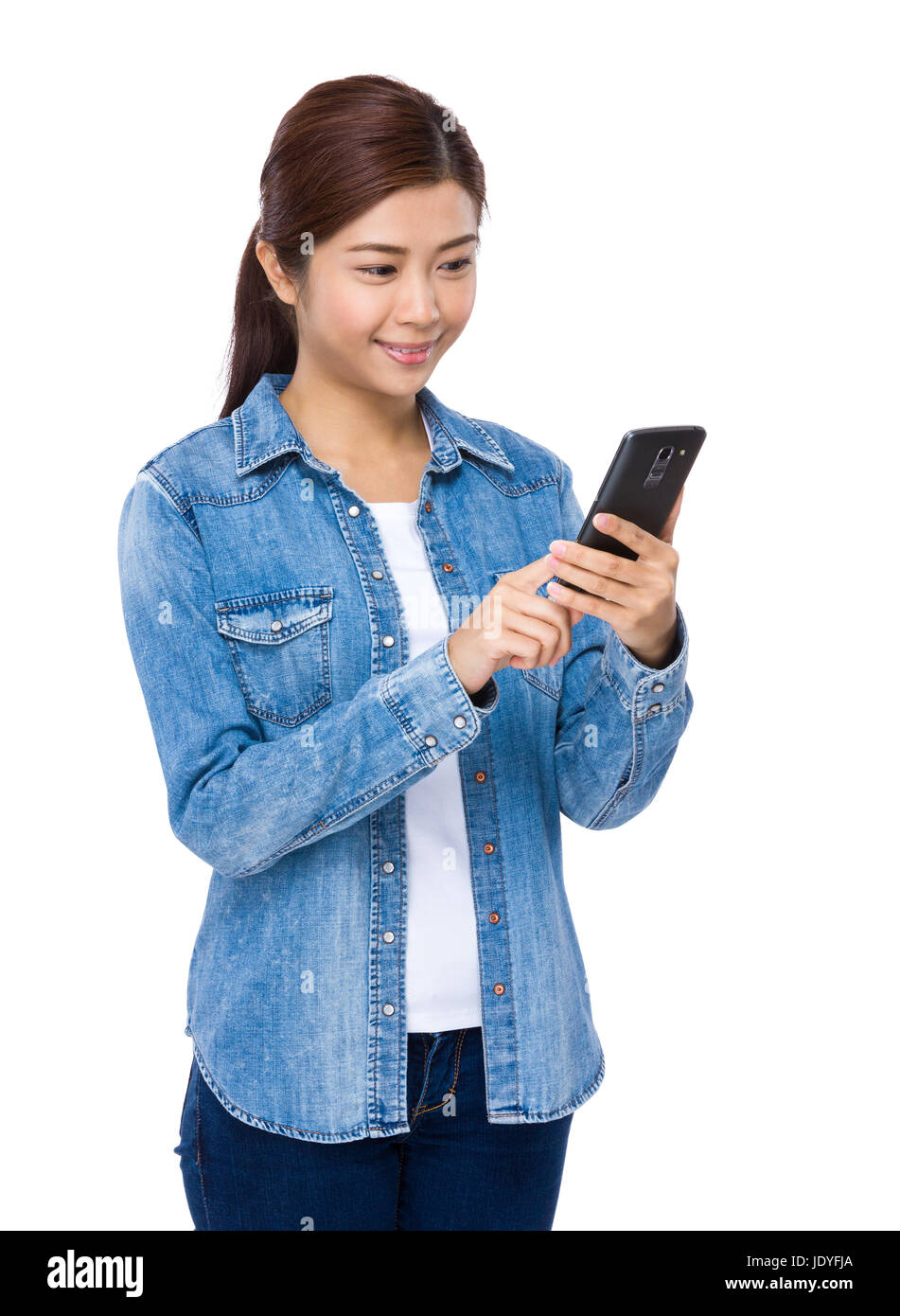 Woman read the message on cellphone Stock Photo - Alamy
