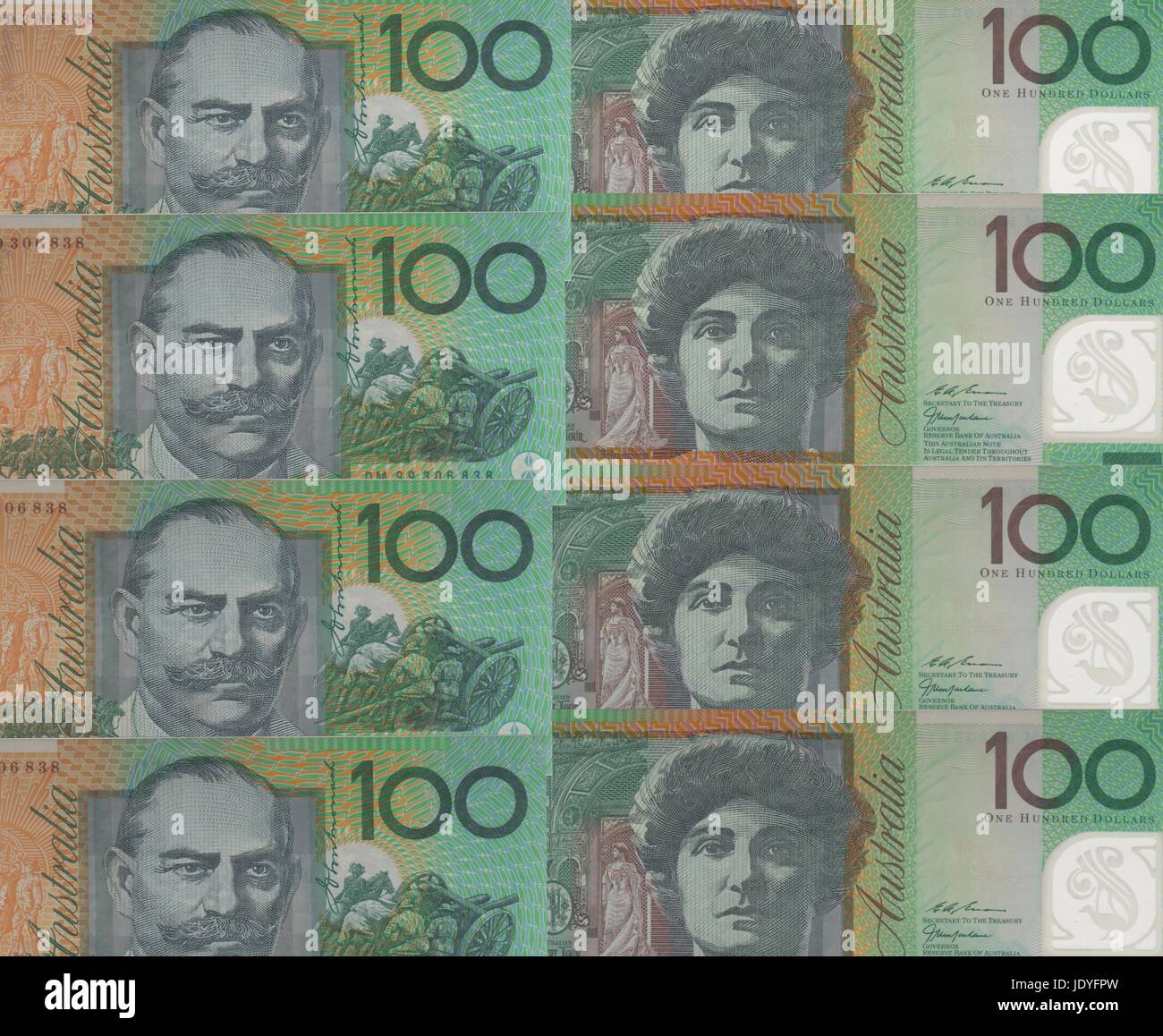 Background of overlapping Australian 100 dollar notes showing the two ...
