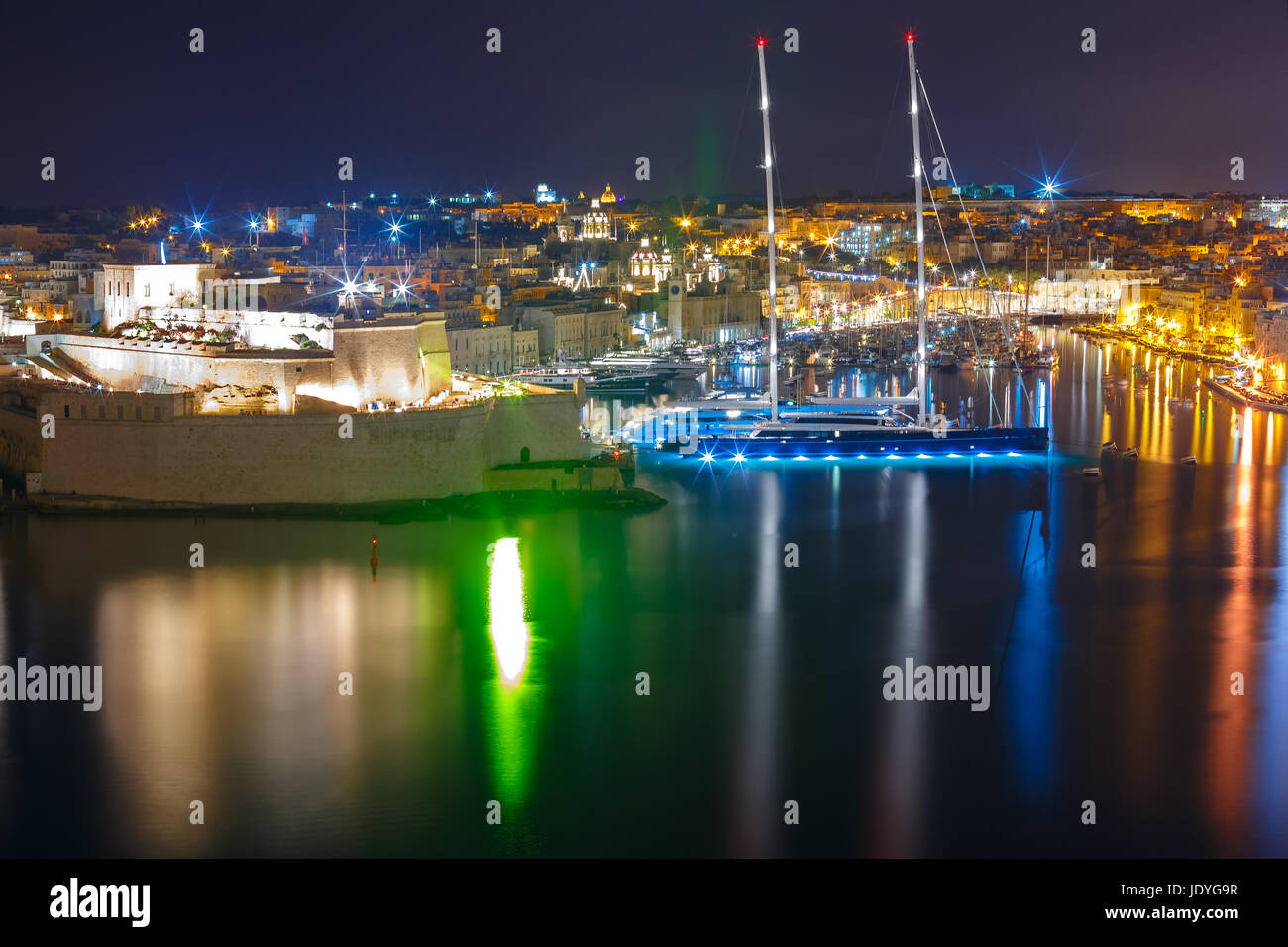 Three cities as seen from Valletta at night, Malta Stock Photo - Alamy