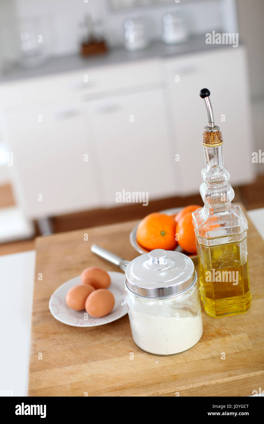Closeup of baking ingredients set in kitchen counter Stock Photo - Alamy