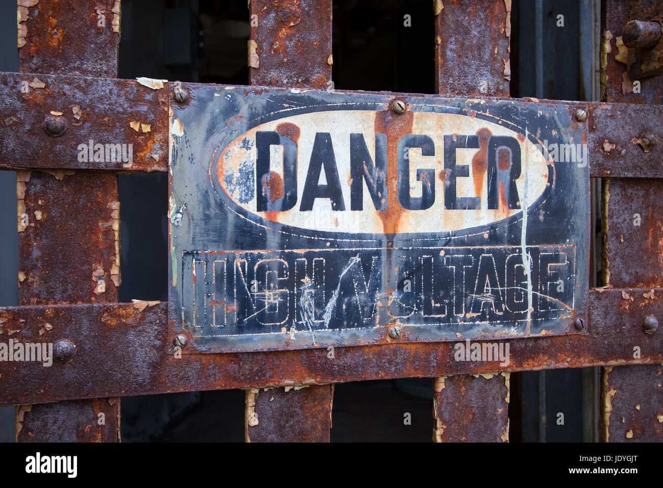 Rusty metal High Valtage sign located in Eastern State Penitentiary in ...