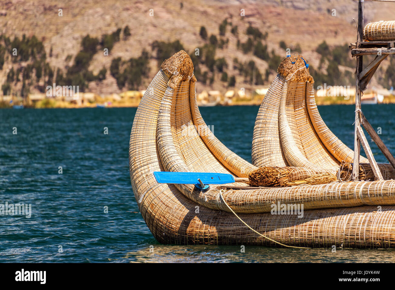 Closeup view of a reed, or totora, boat on Lake Titicaca near Uros ...