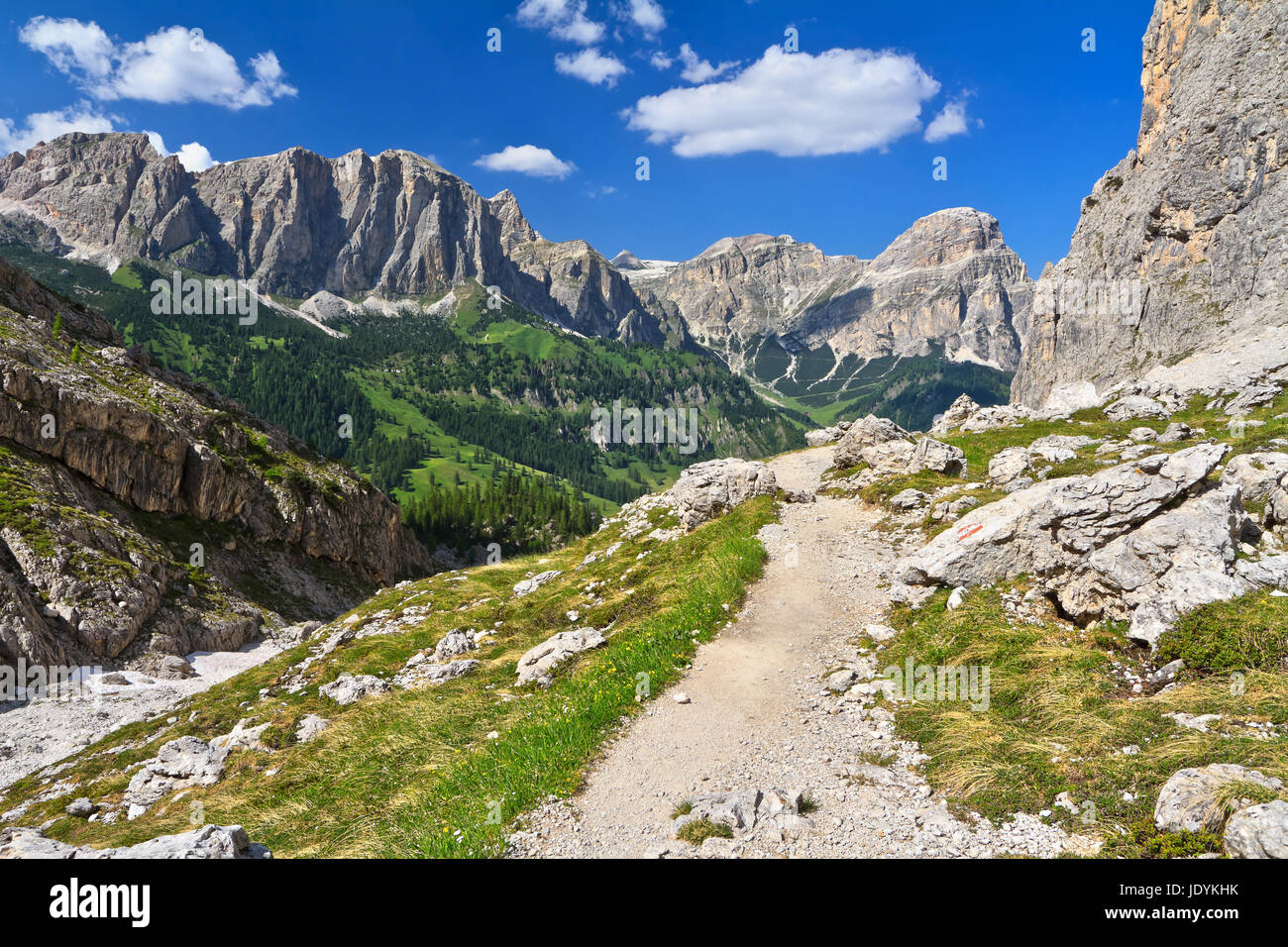 footpath in high Badia Valley, on background Sassongher mount, Alto ...