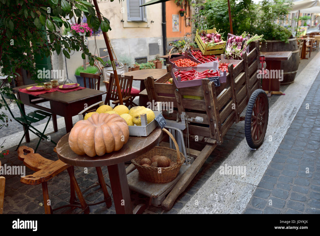 Hand drawn cart with vegetables on it as display by restaurant village ...