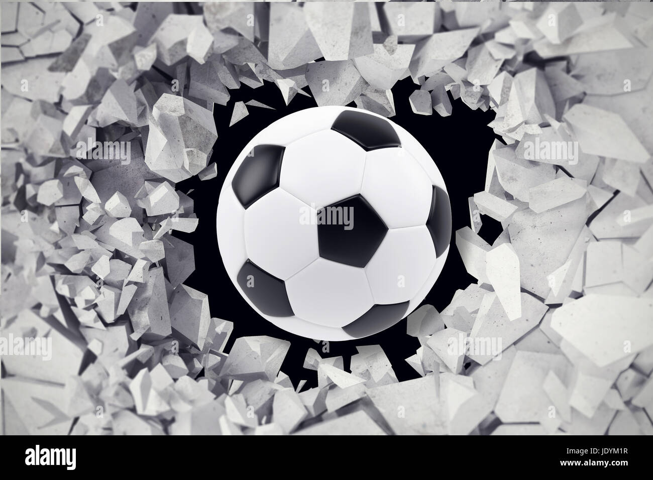 Sport illustration with soccer ball coming in cracked wall. Cracked ...