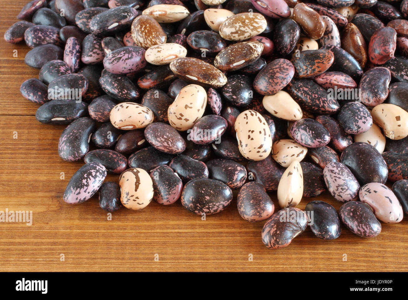 Raw purple, pink, beige with brown speckled kidney beans on brown ...