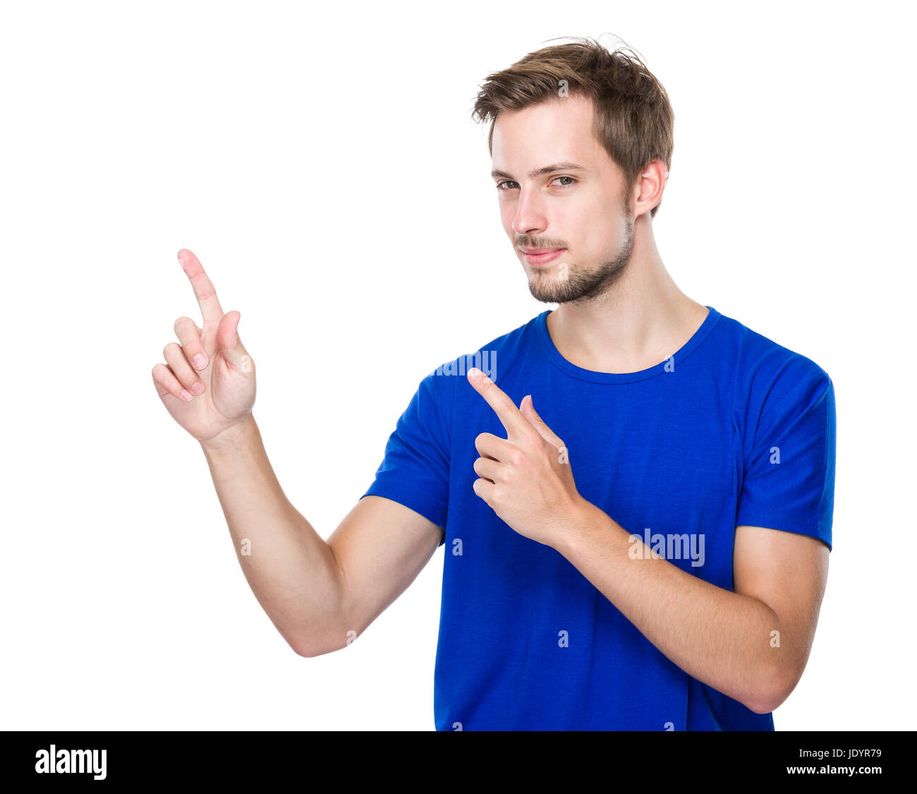 Young man with two finger point up Stock Photo - Alamy